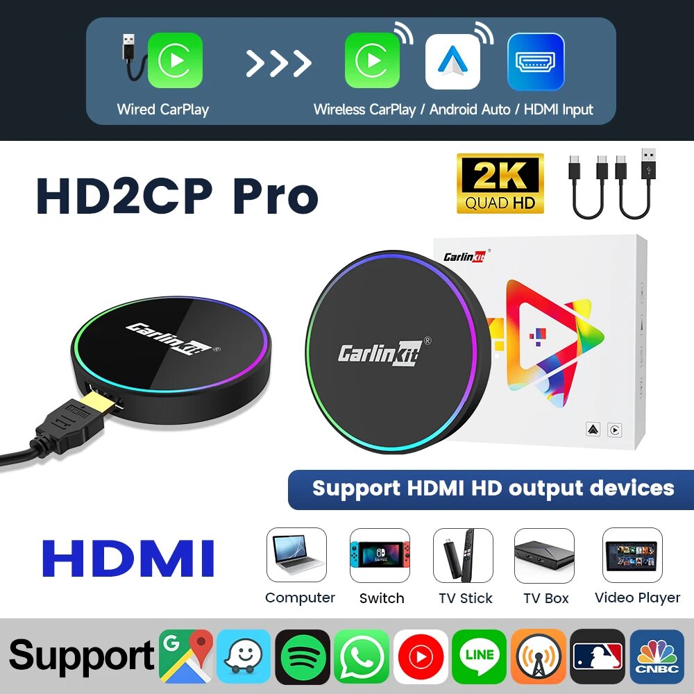 2026 CarlinKit HD2CP Pro Беспроводной адаптер CarPlay на HDMI CarPlay Android auto 2K HDMI Вход Поддержка ТВ-палки Ноутбук ТВ-приставка 5.0
