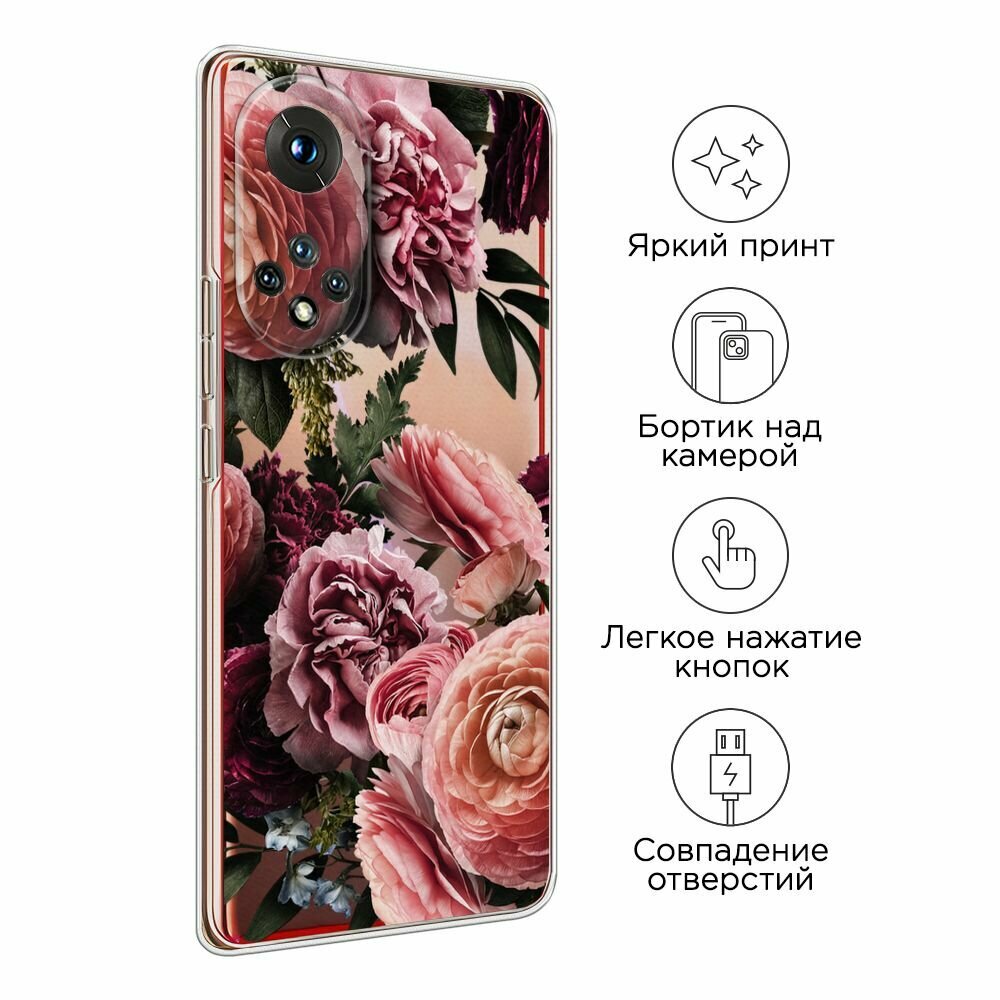 Чехол на Honor 50/Huawei Nova 9 / Хонор 50/Хуавей Нова 9 с принтом "Бордовые винтажные цветы", прозрачный — фото 1