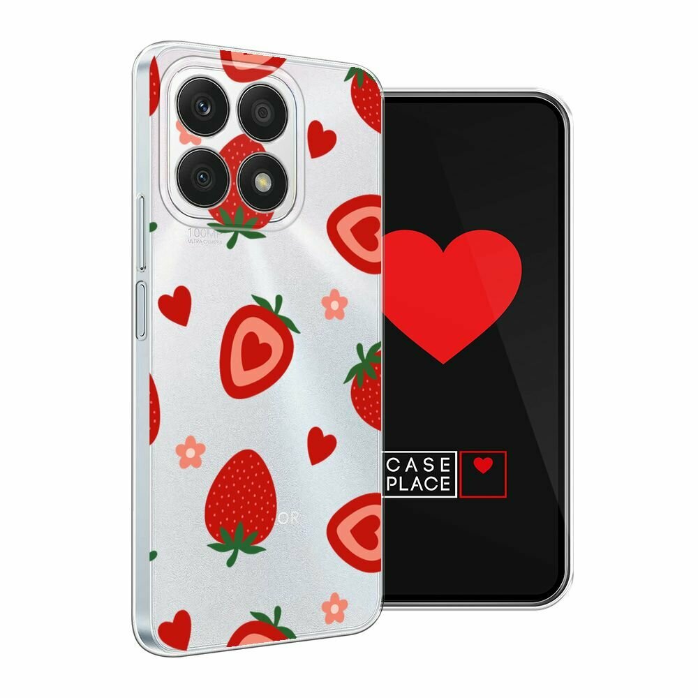 Чехол на Honor X8A / Хонор X8A с принтом "Heart strawberries 2 - 14 февраля", прозрачный — фото 1