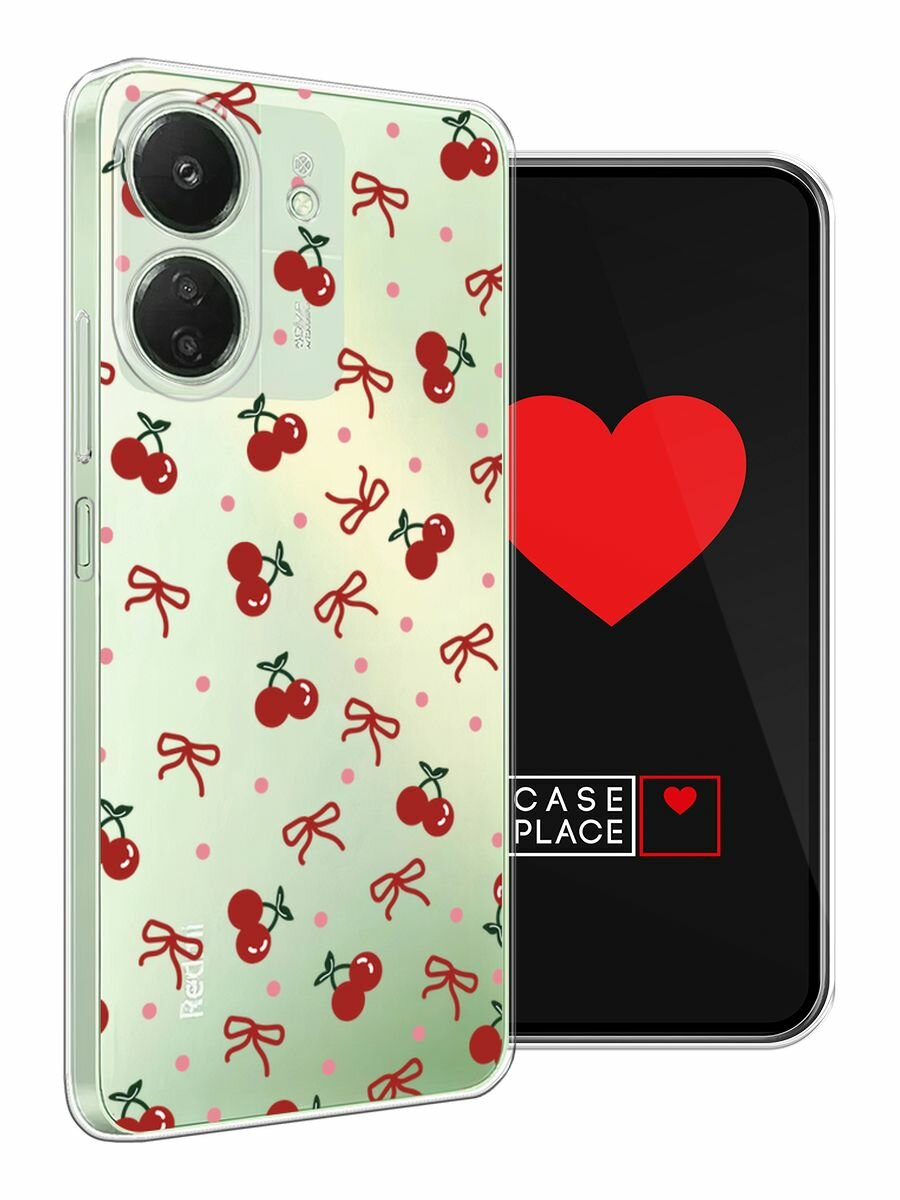 Чехол на Xiaomi Redmi 13C/Poco C65 / Сяоми Редми 13C/Поко С65 с принтом "Вишни и ленточки", прозрачный — фото 1