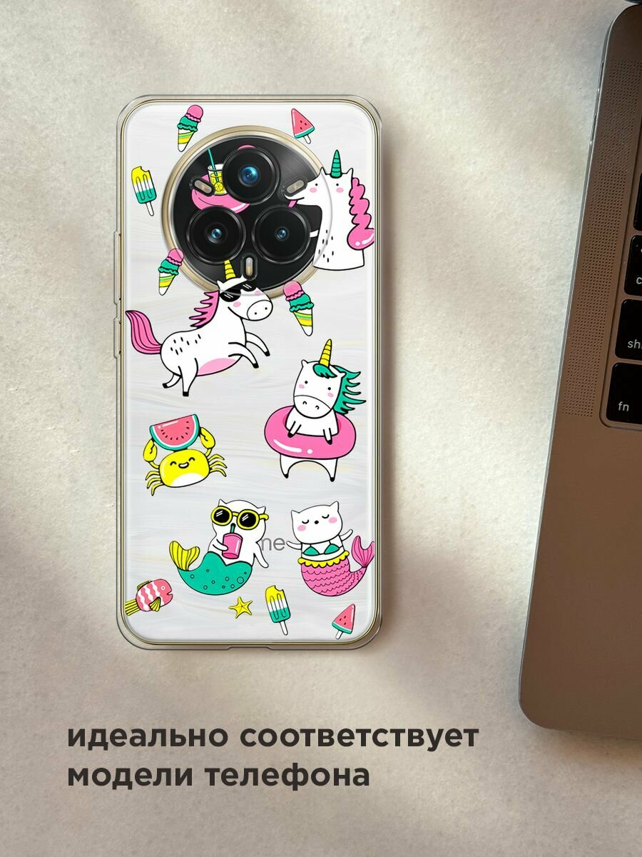 Чехол на Realme 14 Pro+ / Реалми 14 Про+ с принтом "Единороги в отпуске", прозрачный — фото 1
