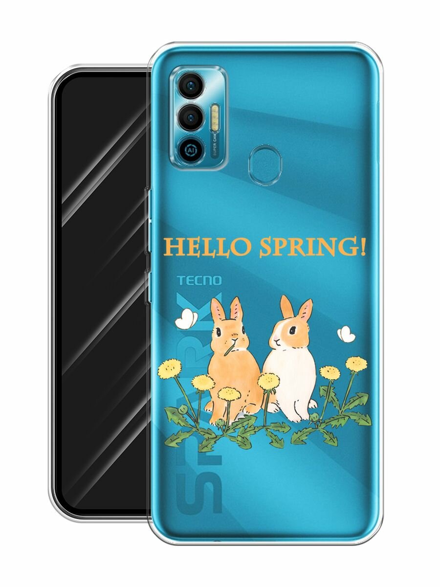 Чехол на Tecno Spark 7 / Техно Спарк 7 с принтом "Весенние кролики", прозрачный — фото 1