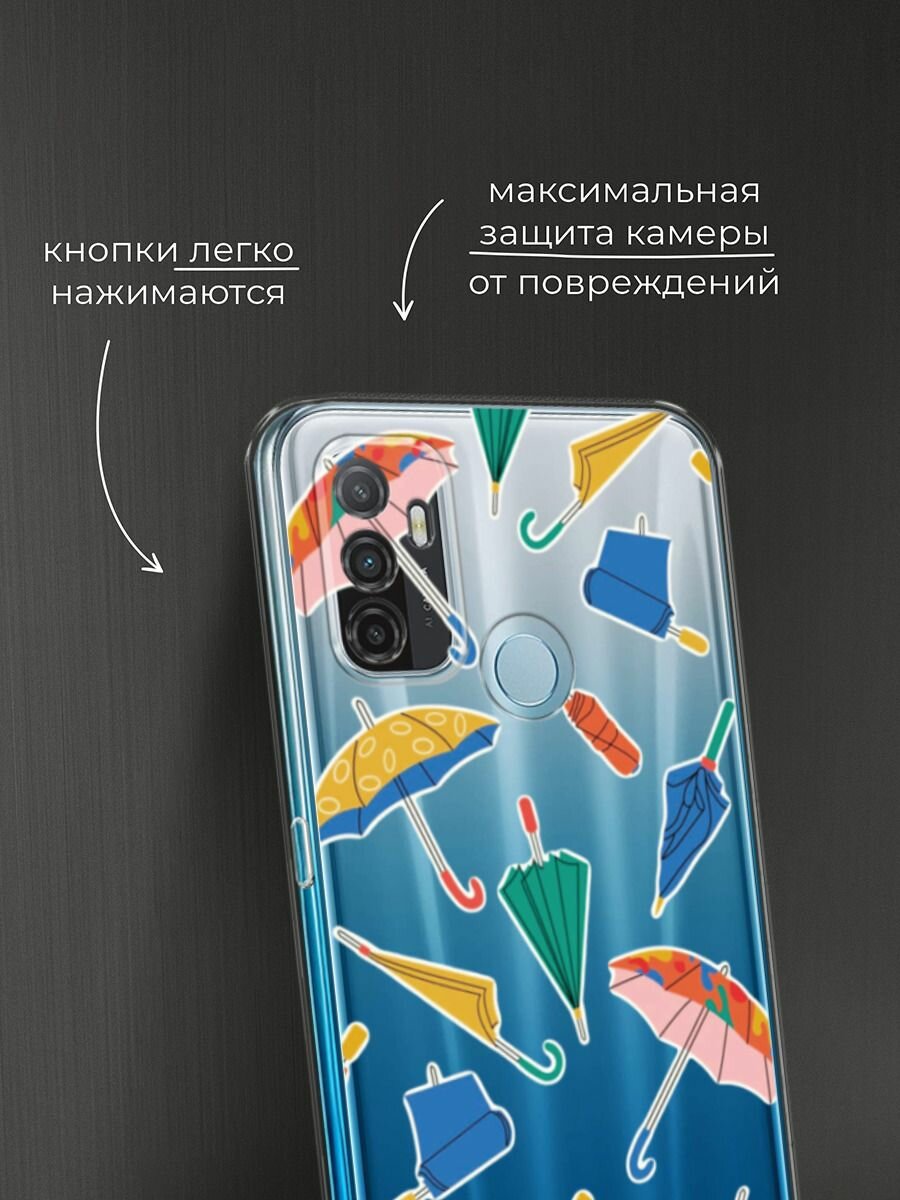 Чехол на Oppo A53 / Оппо А53 с принтом "Зонты паттерн", прозрачный — фото 1