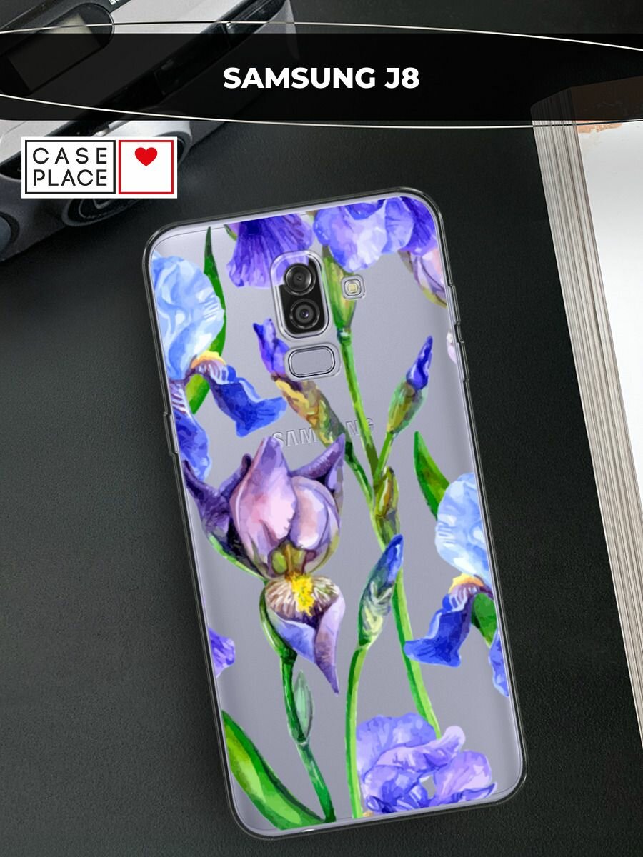 Чехол на Samsung Galaxy J8 / Самсунг Галакси Джей 8 с принтом "Синие ирисы", прозрачный