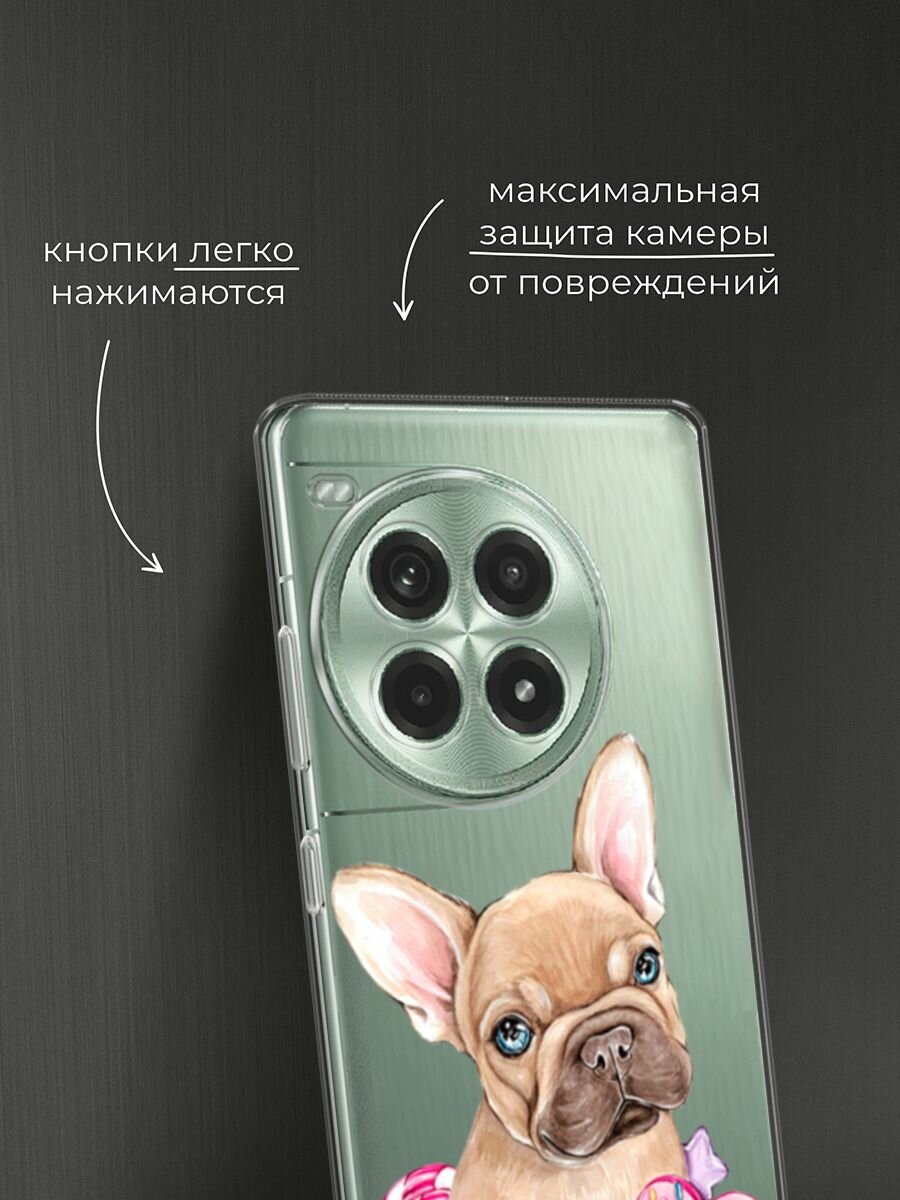 Чехол на OnePlus Ace 3 Pro / Ван Плас Эйс 3 Про с принтом "Бульдог и сладости", прозрачный — фото 1