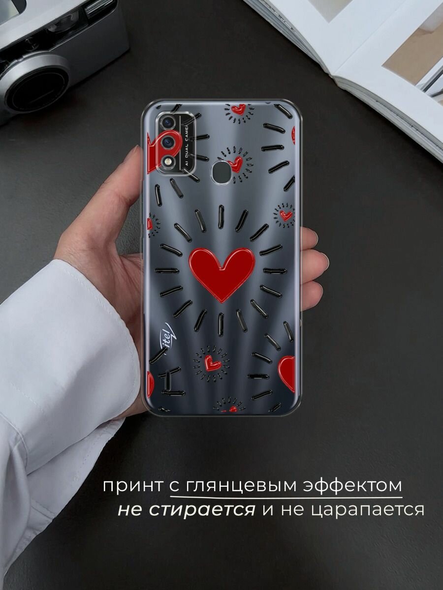 Чехол на Itel A48 / Ител А48 с принтом "Бордовые сердца паттерн" — фото 1