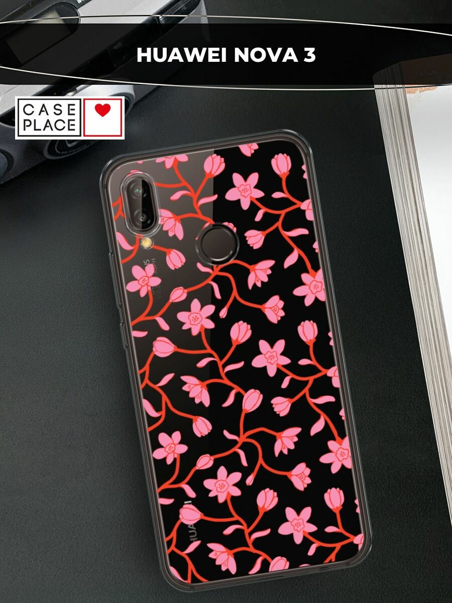 Чехол на Huawei Nova 3 / Хуавей Нова 3 с принтом "Красное переплетение веточек", прозрачный