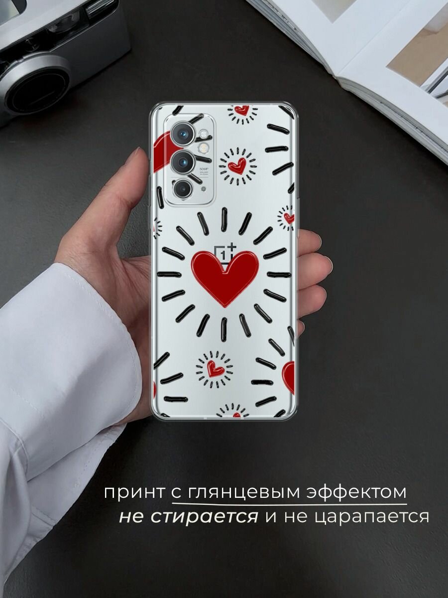 Чехол на OnePlus 9RT / ВанПлас 9RT с принтом "Бордовые сердца паттерн" — фото 1