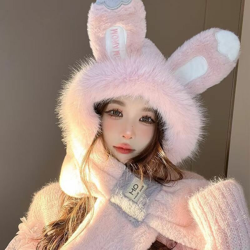 Плюшевая шапка с кроличьими ушками, шарф, перчатки, цельный женский зимний теплый комплект из двух предметов, защита ушей, защита от холода, искусственный мех кролика.