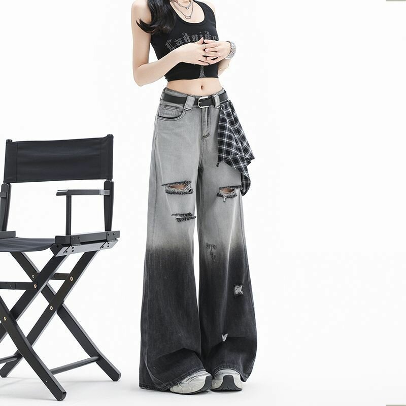 Женские джинсы Версия повышения Американские градиентные рваные — осенние новинки клетчатые пэчворк широкие штаны