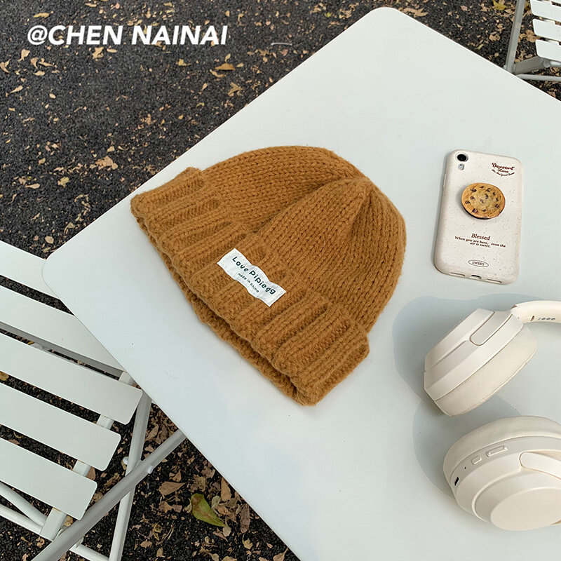 Шерстяная вязаная шапка в японском стиле, женская осенне-зимняя теплая повседневная студенческая шапка в корейском стиле с эластичным носком, черная шапка