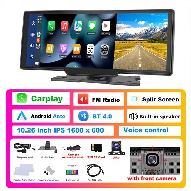 Podofo 10,26 "видеорегистратор 4K камера заднего вида беспроводной Carplay Android A with TF AHD