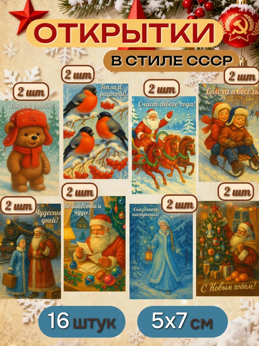 Открытки новогодние 5х7 СССР набор 16 шт 2026