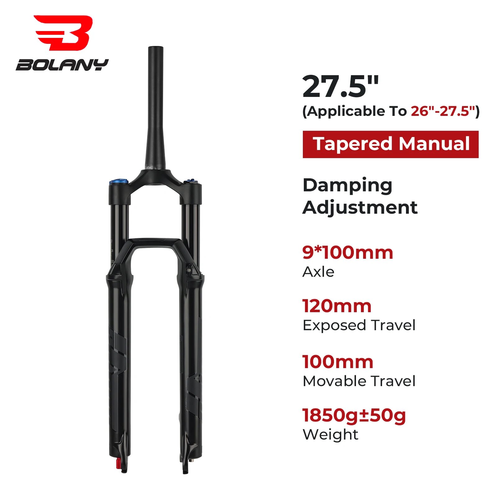 BOLANY Воздушная вилка для велосипеда 27,5/29 дюймов 27.5 Tapered Manual