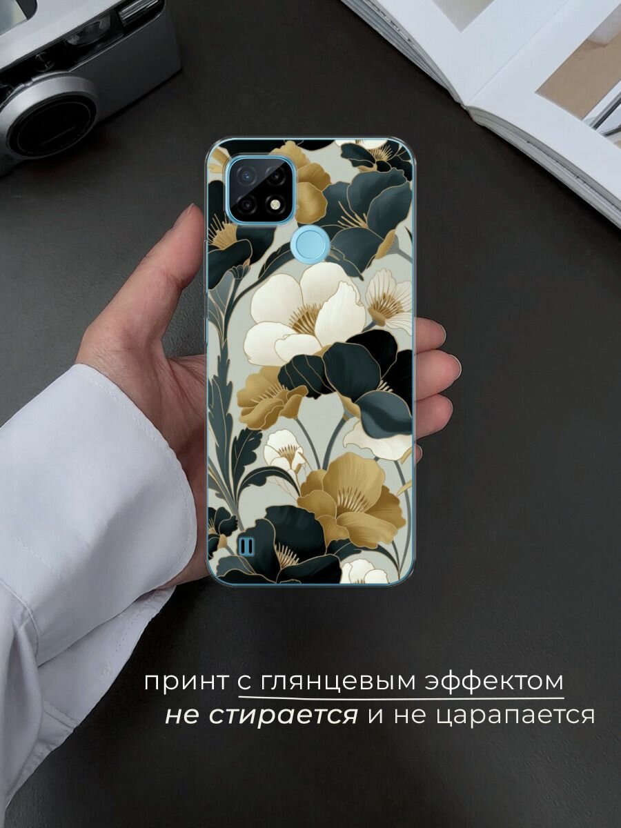 Чехол на Realme C21 / Реалми С21 с принтом Золотые и белые цветы — фото 1
