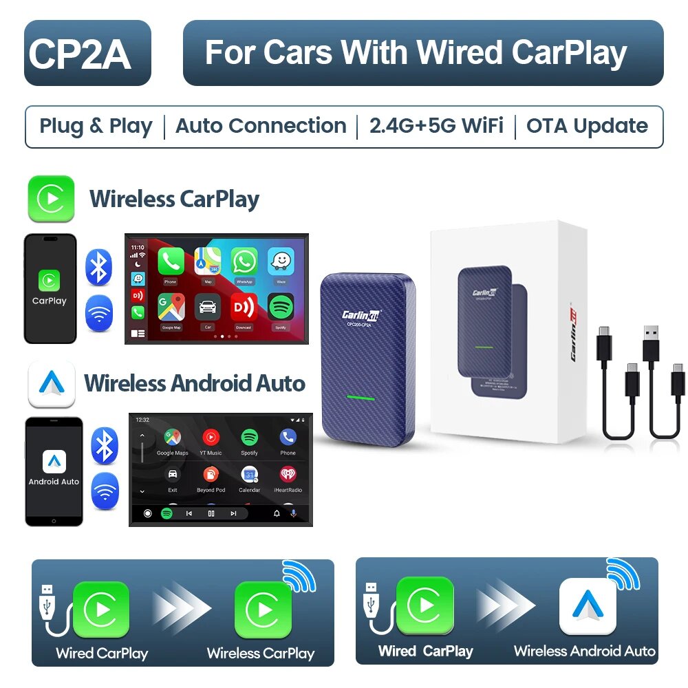 CarlinKit 4.0 Беспроводной адаптер 2-в-1 Беспроводной Android Auto CarPlay 1–2 Smart Car Box Plug &Play Обновление OTA для автомобилей CarPlay