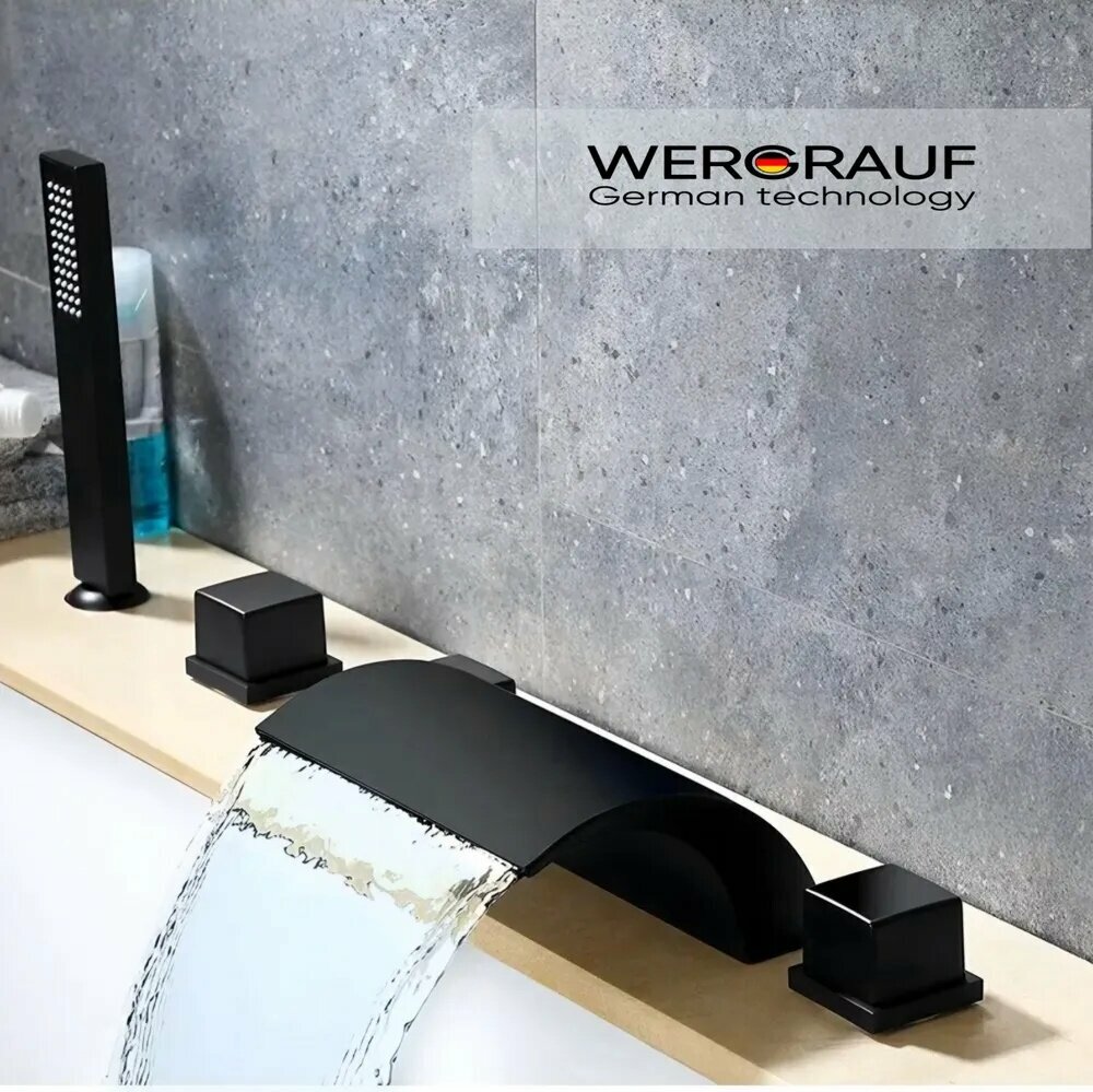 Смеситель на борт ванны. Встраиваемый смеситель на ванну Wergrauf. Излив Водопад , чёрный