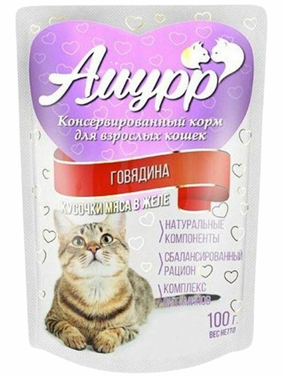 Корм для кошек влажный Амурр 100гр 24 пакетика пауч Говядина в желе