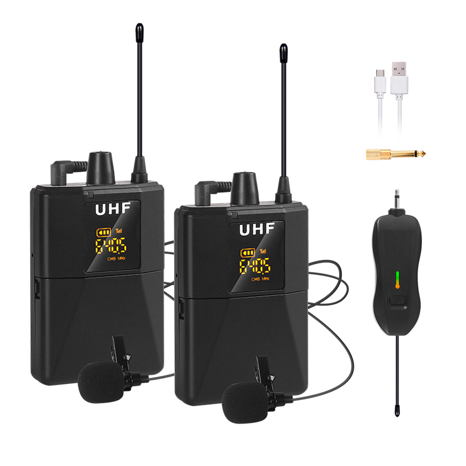 Беспроводная система лавального микрофона с передатчиком и миниатюрным rechargeable приемником для DSLR камеры смартфона для интервью видеозаписи 2 передатчика 1 приемник UHF 50м 630MHz-690MHz