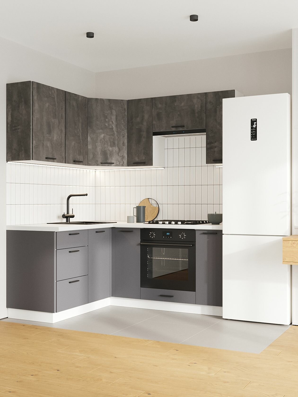 Кухонный гарнитур угловой Урбан 1.8х1.5 м, мебель для дома и кухни, Белый / Камень темный / Графит серый