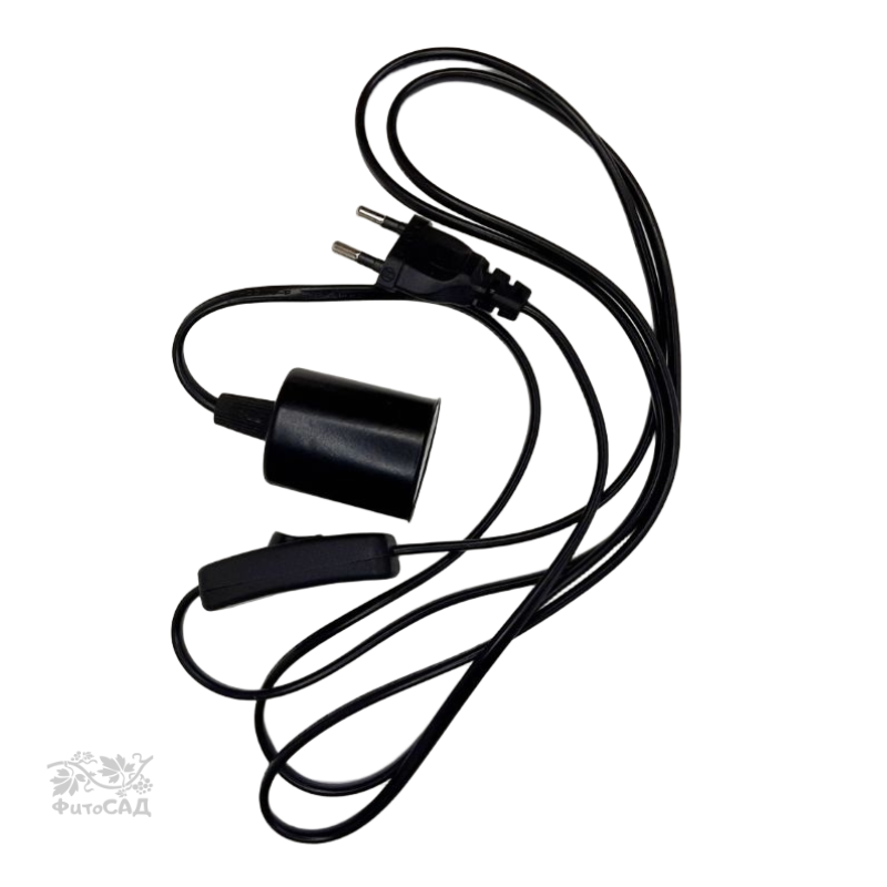 Патрон керамический Е27 с проводом 2м и штепсельной вилкой (черный).