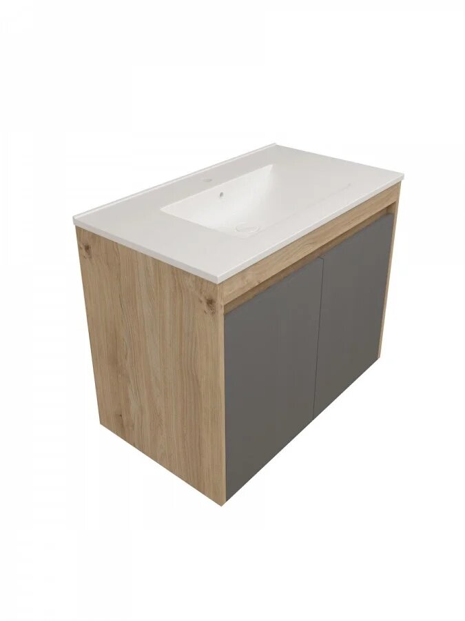 Тумба с раковиной Teymi Netta 80 подвесная, 81 см, серая, матовая, из МДФ, с дверками, раковина для ванной, фарфоровая, прямоугольная