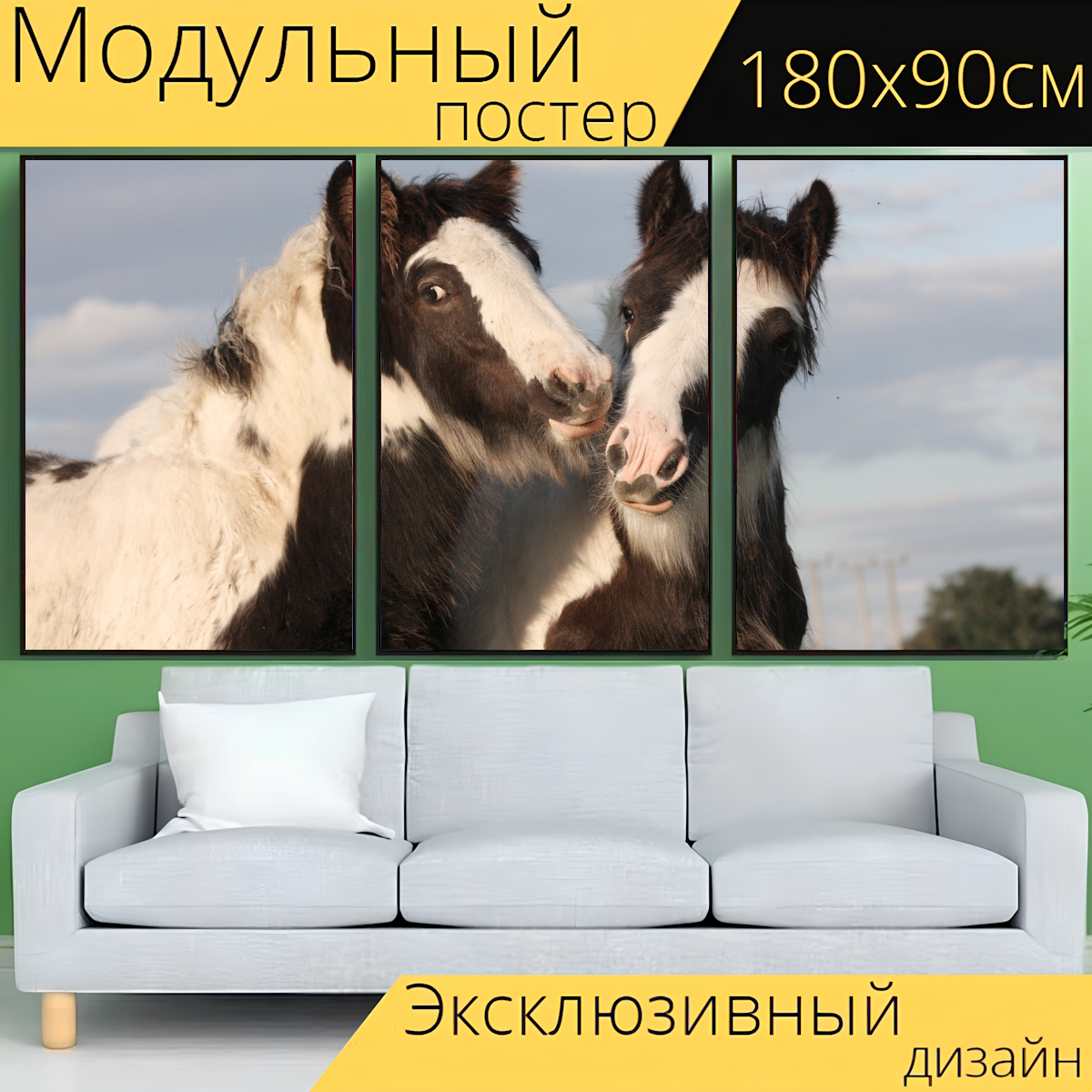 Модульный постер "Лошадь, цыганский конь, животное" 180 x 90 см. для интерьера на стену в тубусе