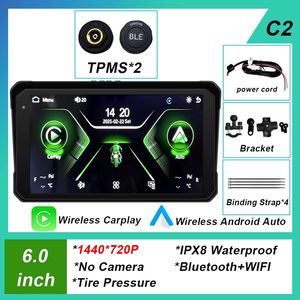6-дюймовый мотоциклетный навигационный экран Incell 1440*720 Беспроводной CarPlay Android Auto Мотоцикл GPS Мотор DVR Монитор TPMS Опционально C2-TPMS