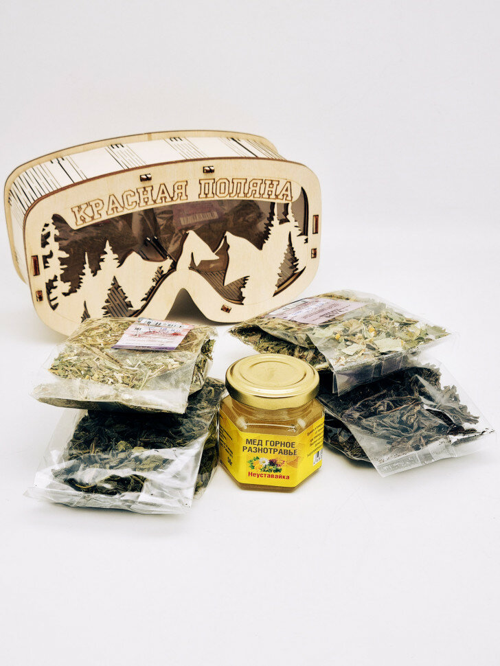 Набор очки Красная поляна чай Краснополянский 45гр, Сочинский 55гр и мед 50гр