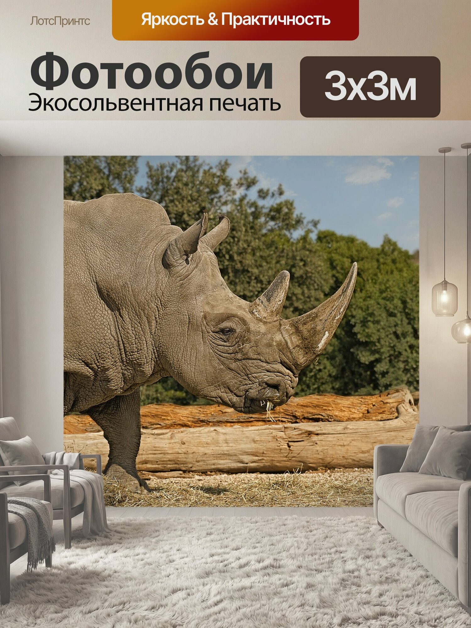 Фотообои "Носорог, млекопитающее, травоядный" 300x300 см. экосольвентная печать