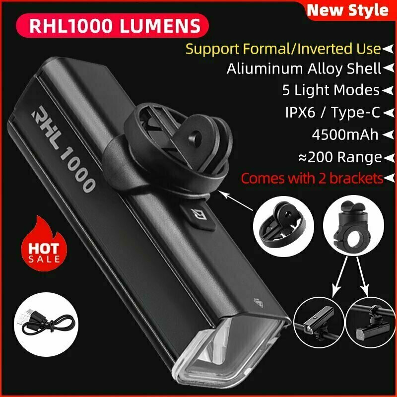 Велосипедный фонарь ROCKBROS RHL1000, 1000Lm, IPX6, крепление на велосипед, перезаряжаемый