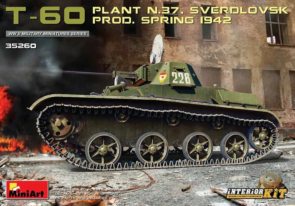 Легкий танк MiniArt 1/35 Т-60 заводской № 37 1942 года выпуска пружинного типа с внутренней конструкцией 35260