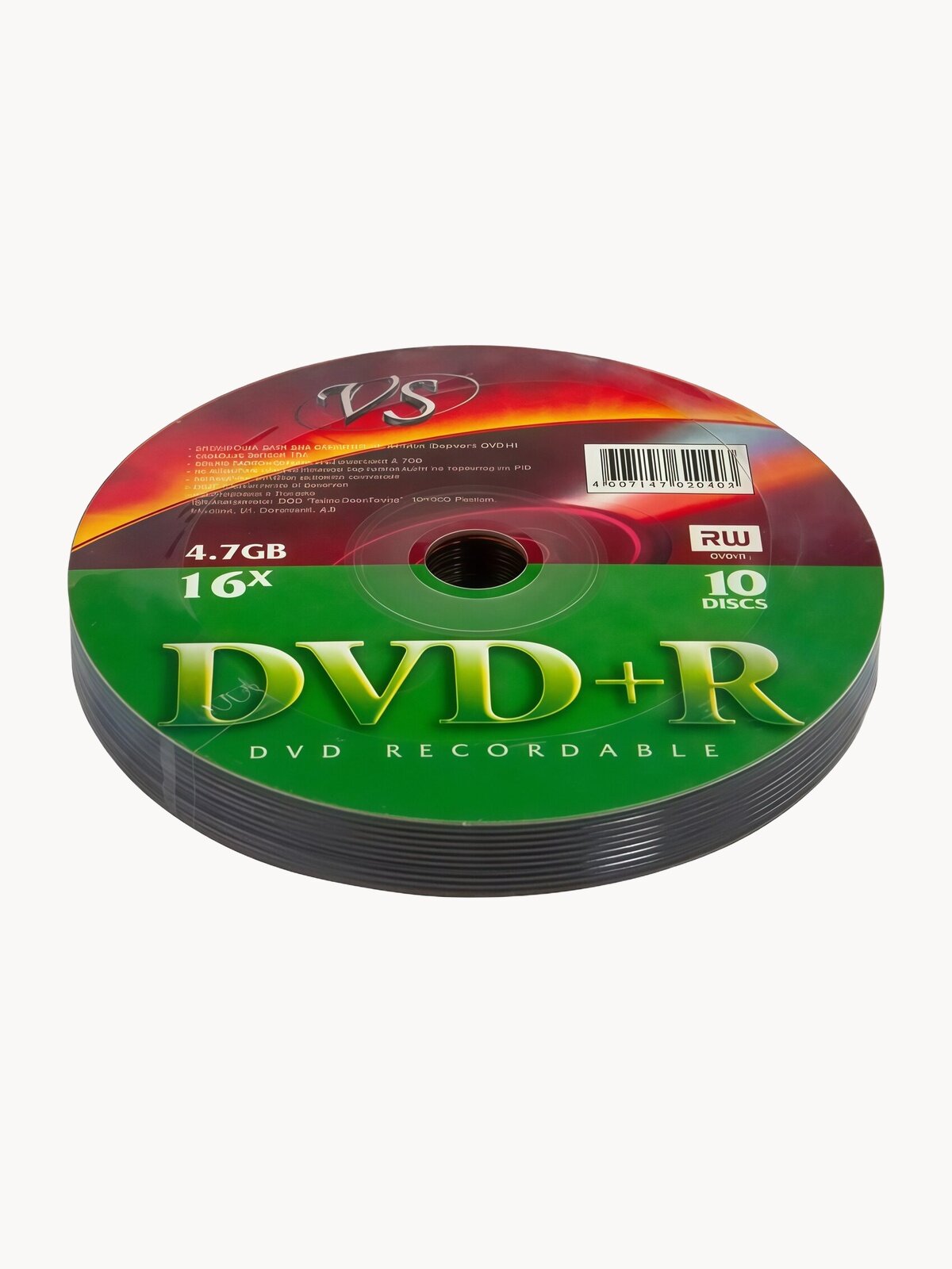 Диски для записи VS DVD+R 4,7 GB 16x 10 штук в термопленке, однократная запись