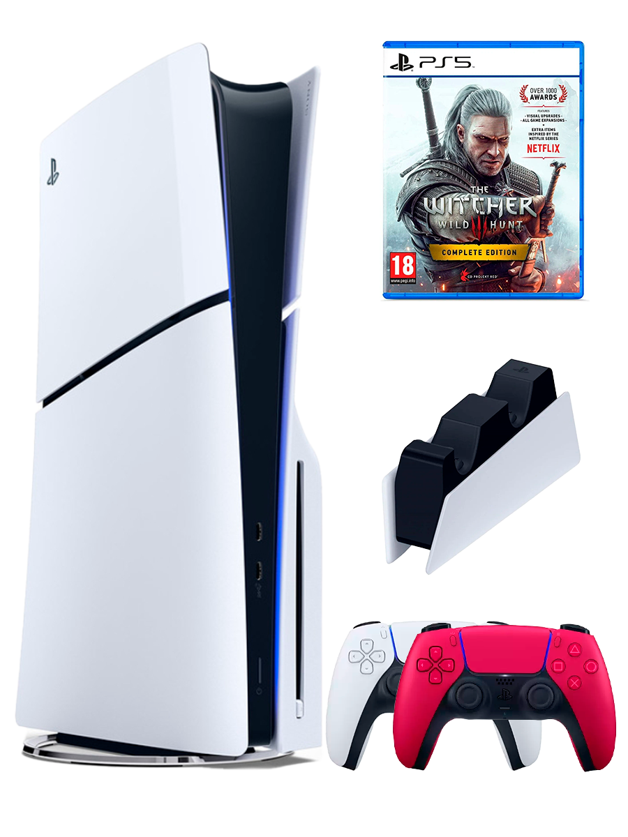 PS5 (ПС5) Игровая приставка Sony PlayStation 5 Slim disc + 2-й геймпад (красный)+ зарядное + игра Witcher3: Wild Hunt