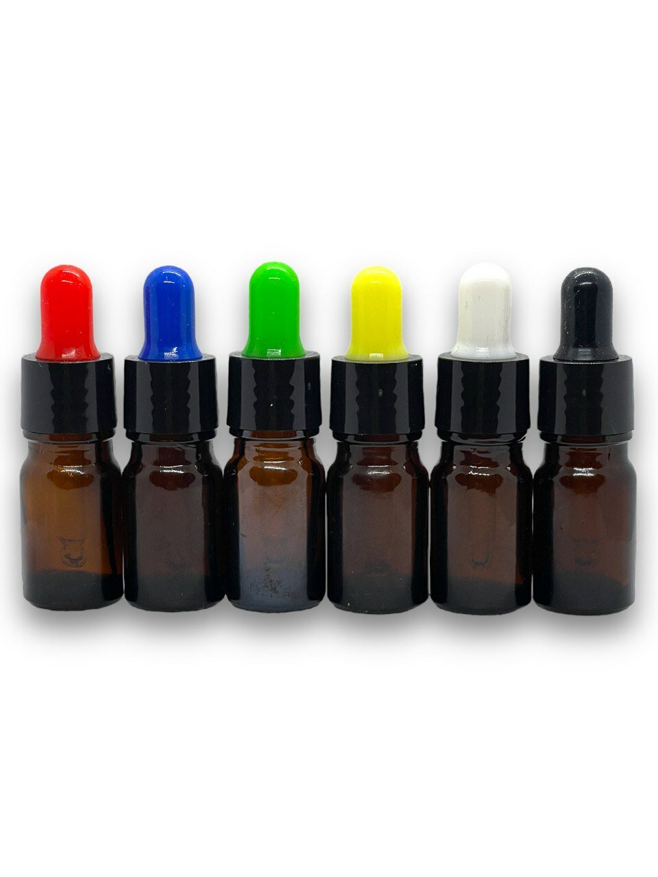 Набор пипеток для эфирных масел, флакон 5 мл, 6 штук, янтарное стекло, черная крышка, разноцветная груша