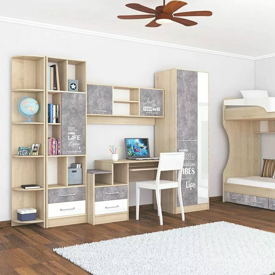 Спальня Колибри Лофт стол письменный дуб сонома/ателье светлое+акрил белый