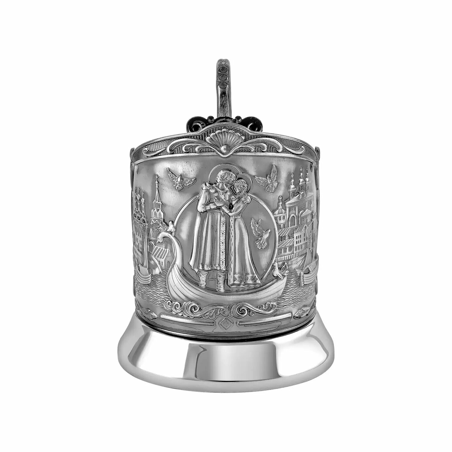 Подстаканник никелированный с чернением "Святые Петр и Феврония". Подарочная коробка.