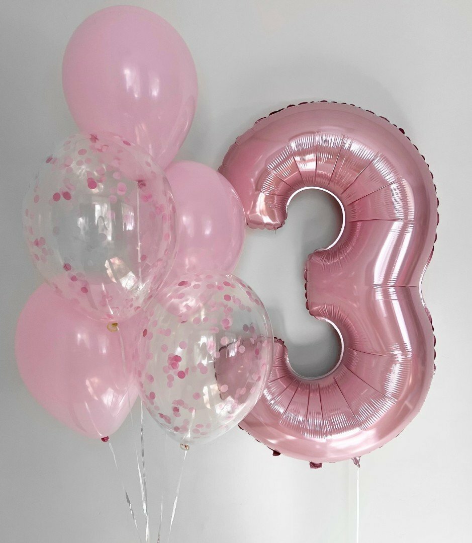 Фольгированная шар-цифра 3 и связка нежных розовых шаров и с конфетти