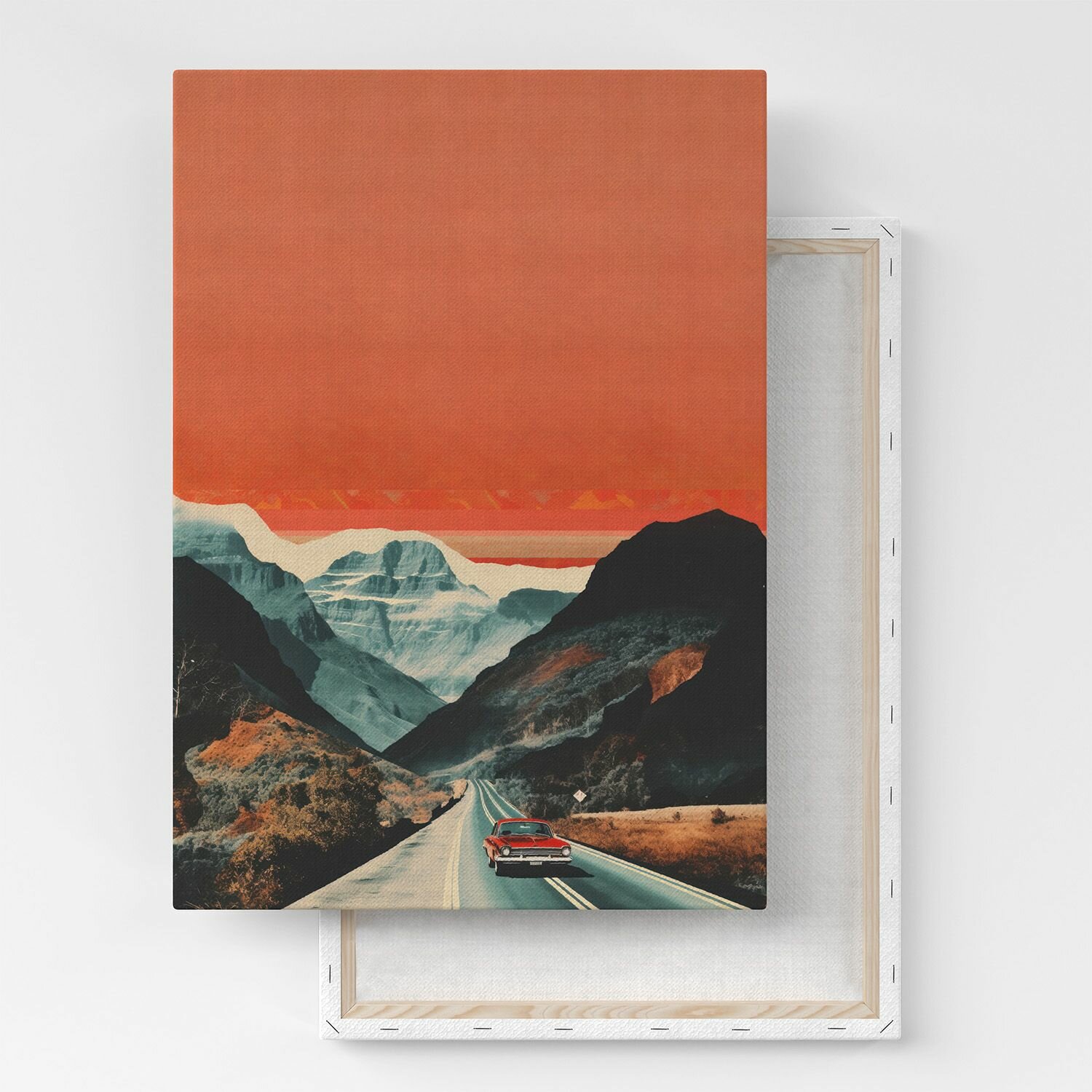 Картина на холсте, репродукция / Сюрреализм - Горы, дорога, автомобиль / Размер 80 x 106 см
