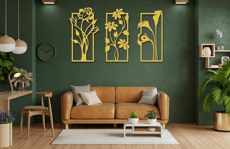 Декоративное панно деревянное, Цветы, набор из 3 элементов декора (матовое золото)