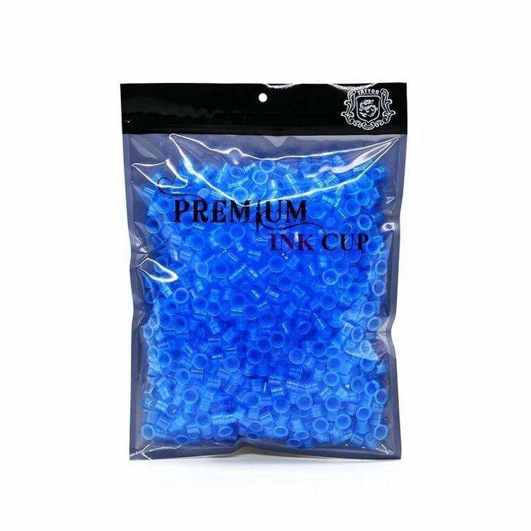Тату колпачки под краску, eмкости для пигментов, капсы для татуажа Premium ink cup Blue 15мм, 400 шт