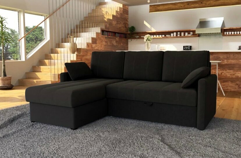 Диван угловой DiHall Римини, раскладной, механизм дельфин, велюр, черный
