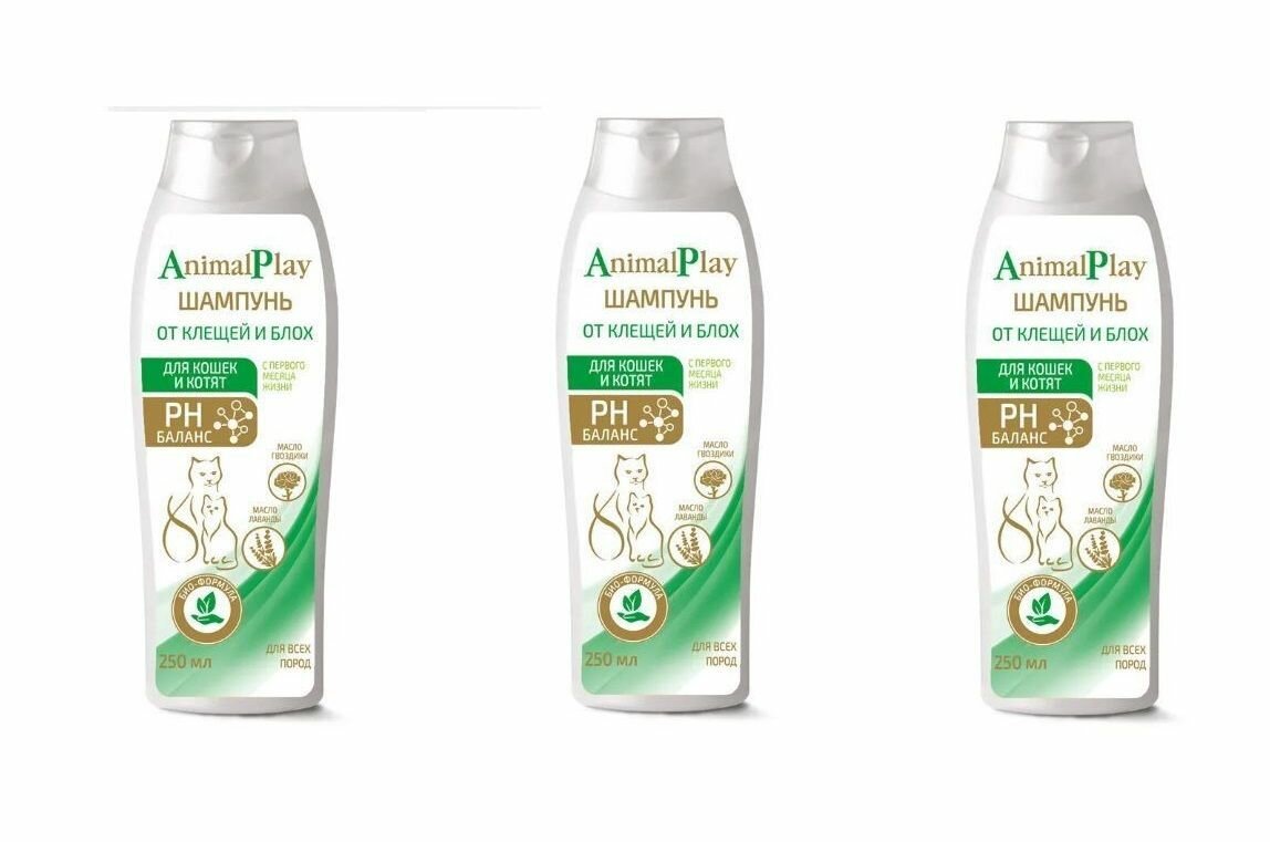 Animal Play Шампунь репеллентный для кошек и котят, от клещей и блох, 250 мл, 3 шт