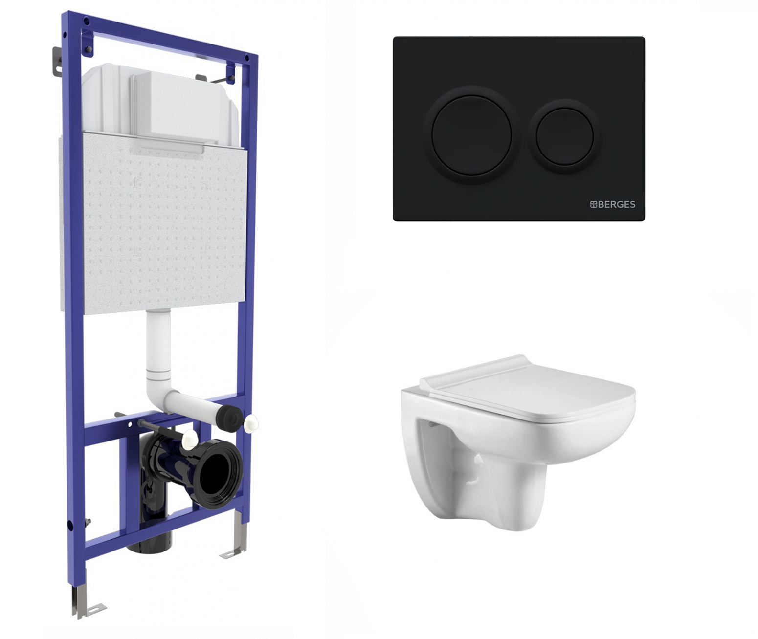 Комплект 3 в 1 инсталляция Berges Novum O5 + Подвесной унитаз WeltWasser Kehlbach 004 GL-WT с кнопкой черной