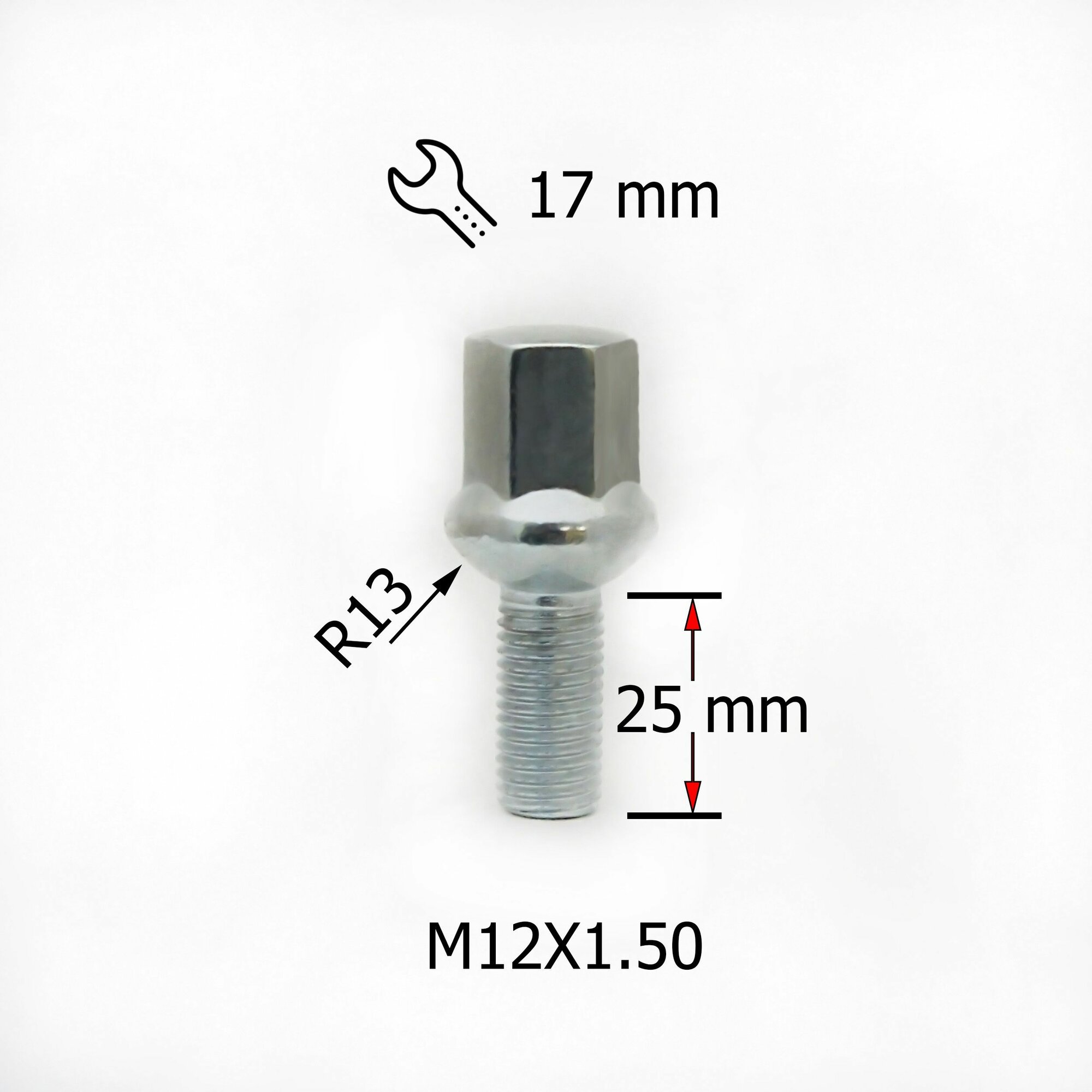 Болт колесный M12x1,5 длина резьбовой части 25мм, сфера, ключ 17мм, цинк