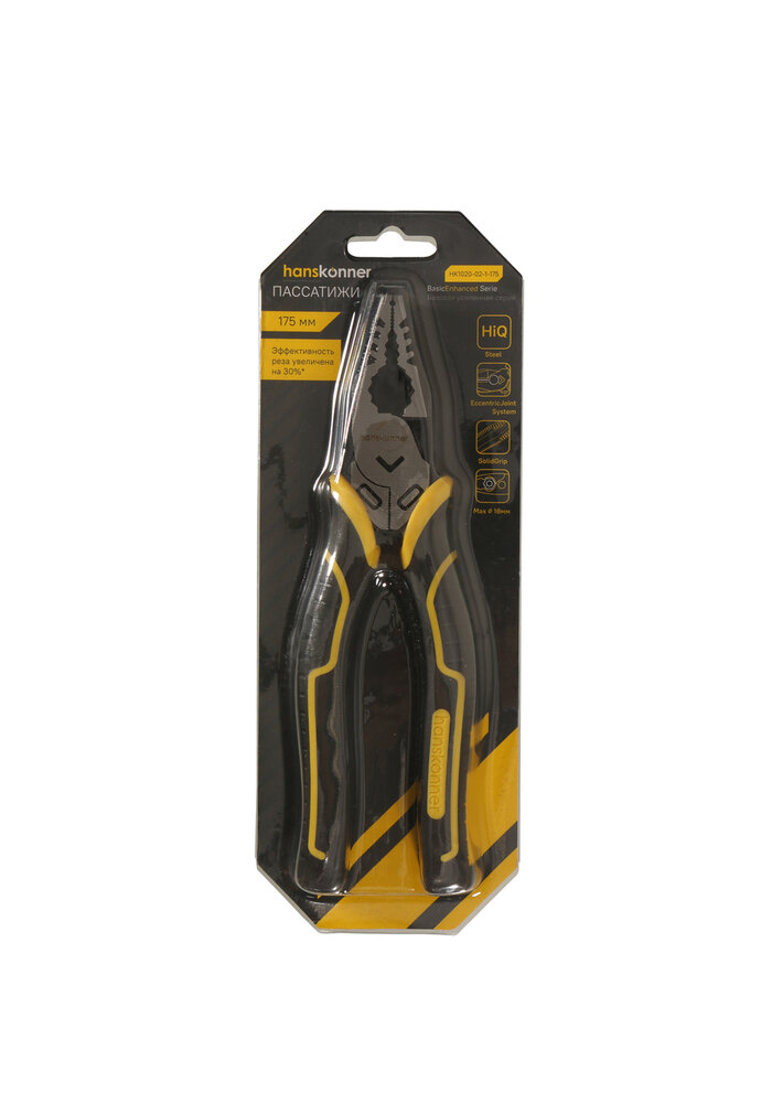 Пассатижи 175мм, эксц. шарнир,+30% к силе реза, СrV, TPR рук, Hanskonner