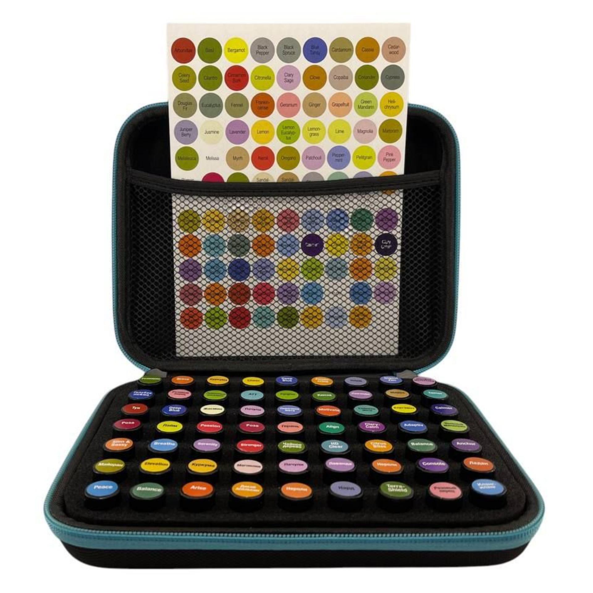 Аромабокс - сумочка на 63 ячейки с голубой молнией + 63 флакончика на 2мл. + наклейки для эфирных масел doTERRA