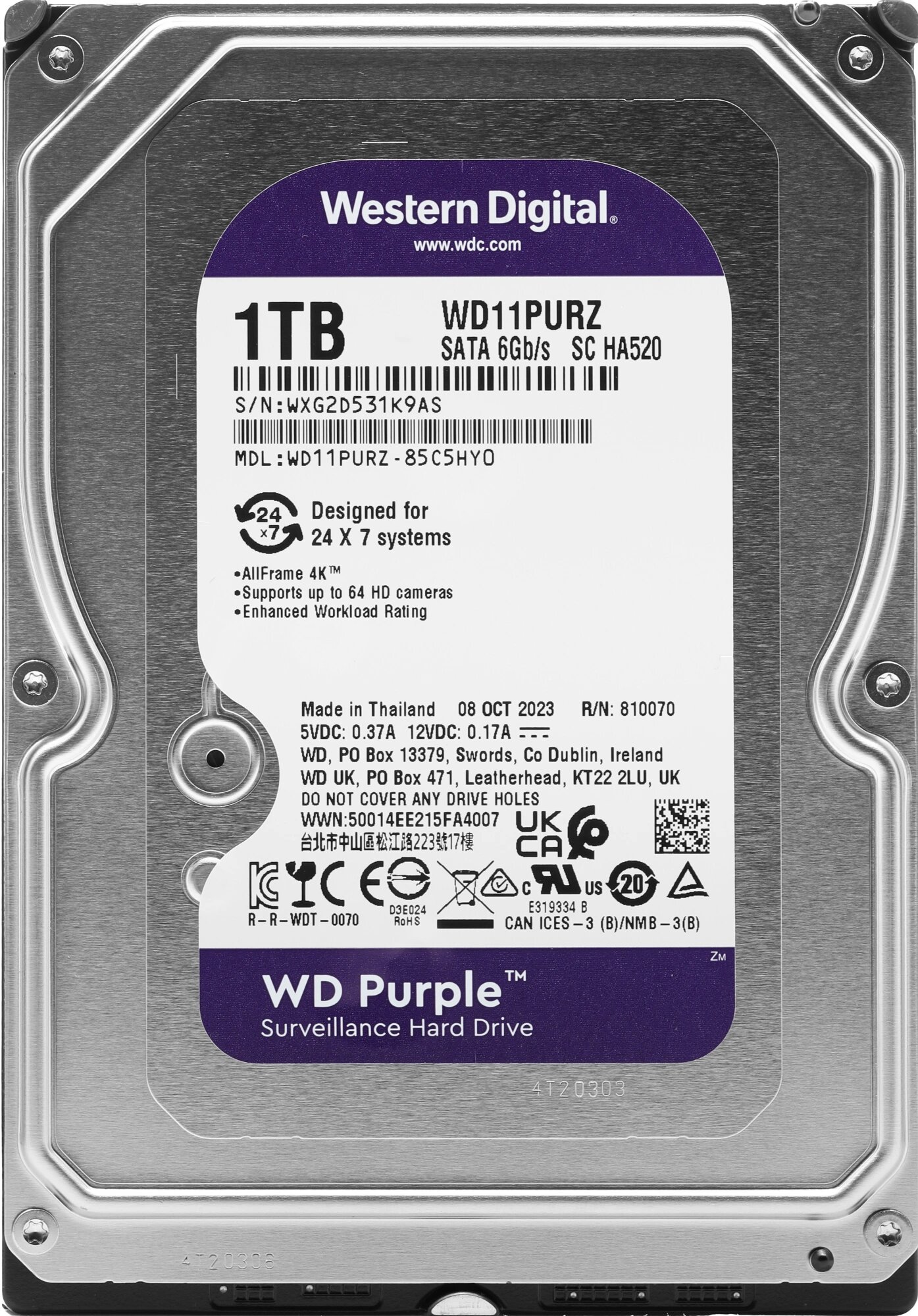 Жесткий диск WD Purple WD11PURZ, 1ТБ, HDD, SATA III, 3.5"