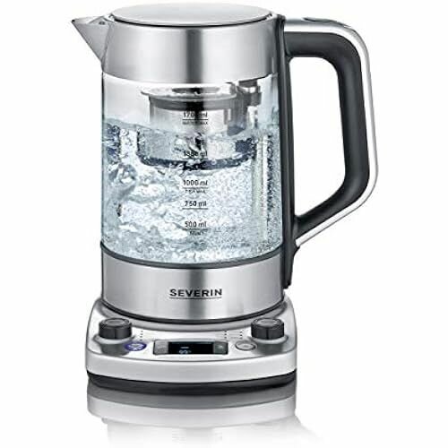Чайник SEVERIN с функцией автоподъема, чайник с регулировкой температуры и функцией быстрого закипания, стеклянный чайник на 1,7 л воды или 1 л чая, матовая нержавеющая сталь/черный, WK 3422