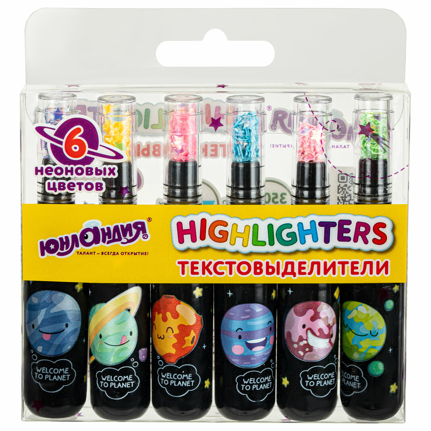 Набор текстовыделителей 6 неоновых цветов, юнландия "космос", линия 1-5 мм, 152512